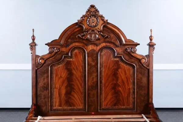 King Bed Victorian Style Carved Double Arch Flame Mahogany Burl Inlay